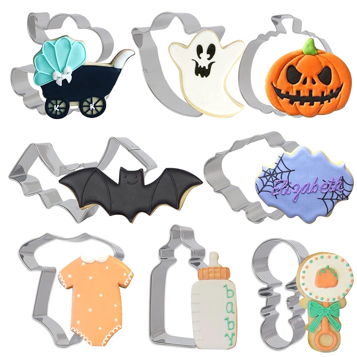 Halloween Themed Cookie Cutter Set, Stainless Steel Skull Bat, Pumpkin Ghost, Bottle Rattle,Onesie Baby Carriage, Biscuit Molds for Baby Shower