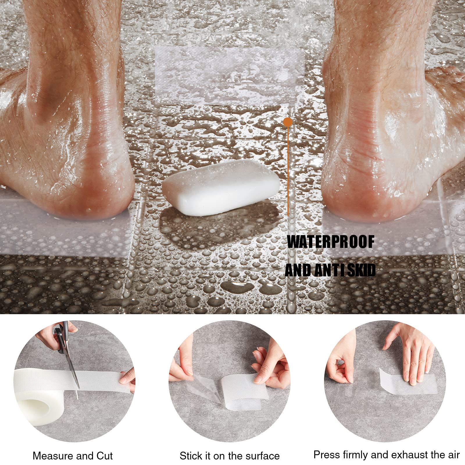 Secopad Anti Slip Tape, Clear Non-Slip Traction Grip Tape for Stairs, Bathtubs, Pools, Boats, 2In x 38Ft Transparent Waterproof Adhesive Staircase Step Treads, Soft, Comfortable for Bare Feet