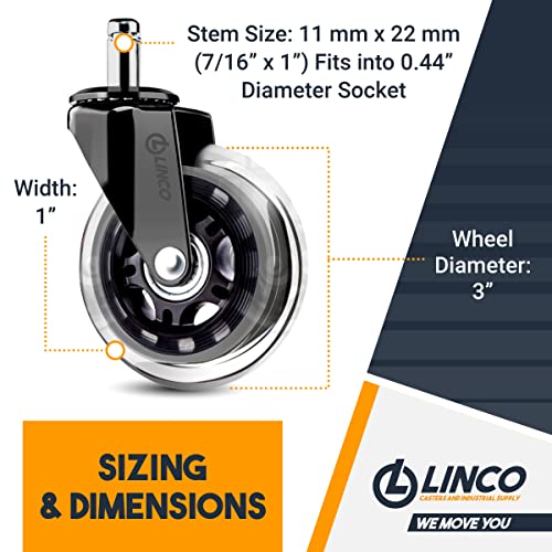Linco 3β Heavy Duty Swivel Office Chair Wheels - Set of 5 Polyurethane Furniture Wheels with 11mm Stem Size - Replacement Wheels for Office Chair, Gaming Chairs - Capacity: 600 lbs