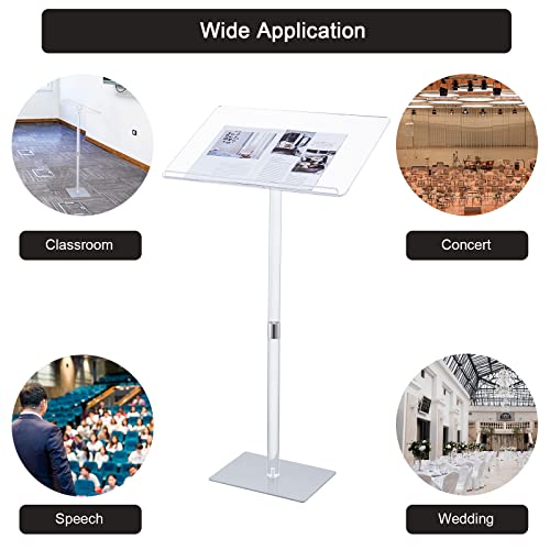 HMYHUM Acrylic Podium Stand, Angle Adjustable, Modern Lecterns & Pulpits for Classroom, Concert, Church, Speech, Easy Assembly, Metal Base, 23.6" L x 15.7" W x 42.3" H, Clear