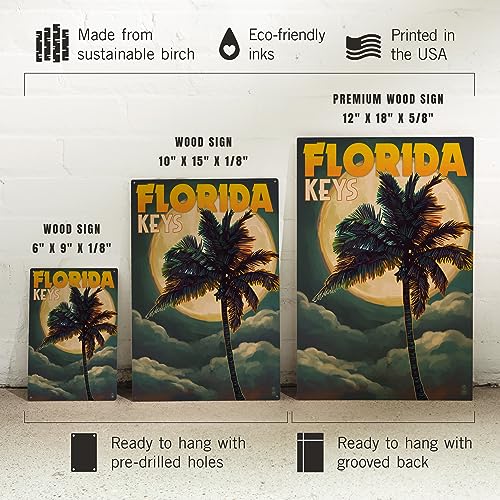 Lantern Press 6x9 Inch Wood Sign, Ready to Hang Wall Decor, Florida Keys, Palms and Moon
