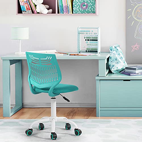 FurnitureR Writing Task Chair for Teens Boys Girls 360 Rolling Wheels Fabric Soft Pad Seat Breathable Backrest, Height Adjustable Liftup 29.5"-34.3",Turqoise