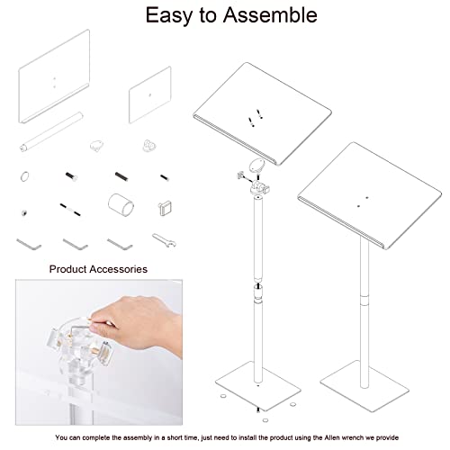 HMYHUM Acrylic Podium Stand, Angle Adjustable, Modern Lecterns & Pulpits for Classroom, Concert, Church, Speech, Easy Assembly, Metal Base, 23.6" L x 15.7" W x 42.3" H, Clear