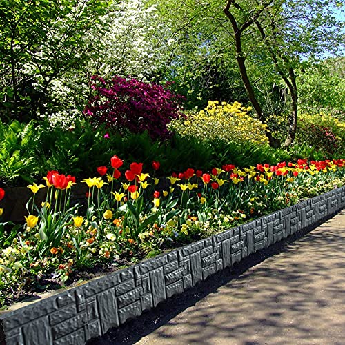 ELLASSAY Kaerott 6 Pack Garden Edging Set Plastic Fence Plant Border Imitation Stone Brick for DIY Decorative Patios Lawn Paths Landscape Walkways Flower Beds Border 10.2*9 inch Gray