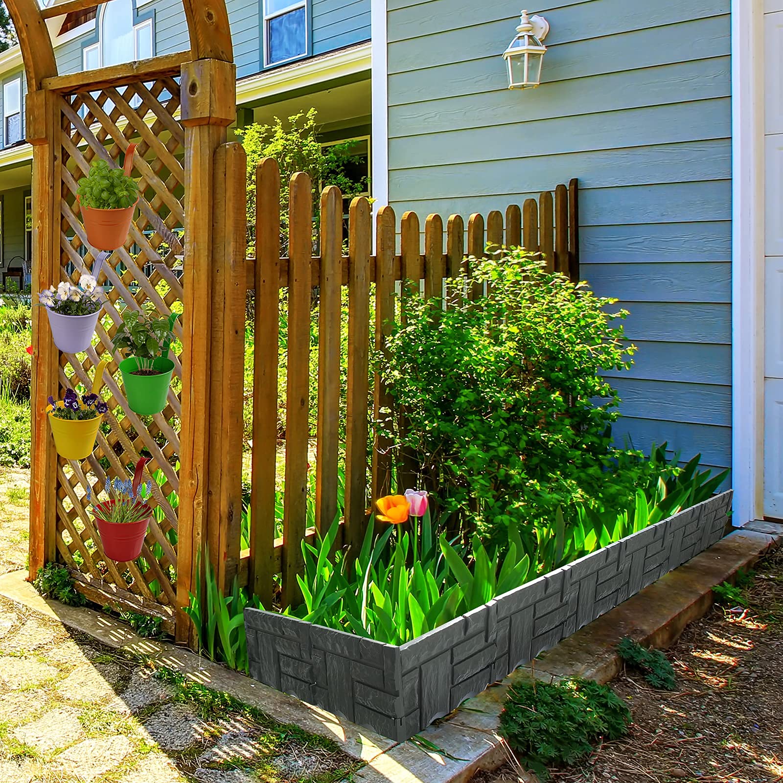 ELLASSAY Kaerott 6 Pack Garden Edging Set Plastic Fence Plant Border Imitation Stone Brick for DIY Decorative Patios Lawn Paths Landscape Walkways Flower Beds Border 10.2*9 inch Gray