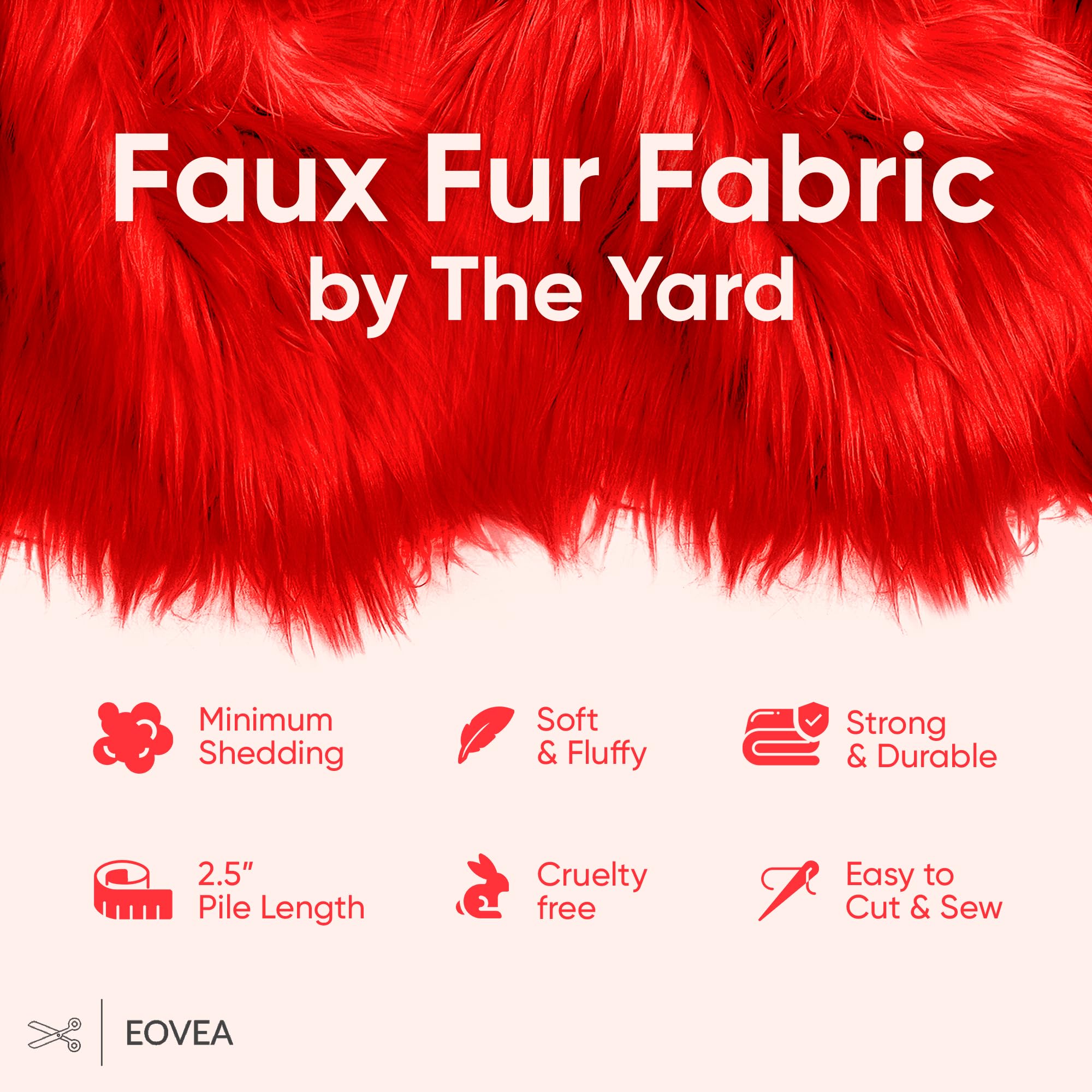 EOVEA Shaggy Faux Fur Fabric by The Yard - 36" X 60" Inch Wide - Fluffy Fur Fabric- Plush Furry Materials - Fuzzy Craft Supply for DIY, Halloween, Upholstery, Costume, Sewing(Red, One Yard)