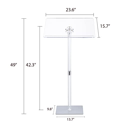 HMYHUM Acrylic Podium Stand, Angle Adjustable, Modern Lecterns & Pulpits for Classroom, Concert, Church, Speech, Easy Assembly, Metal Base, 23.6" L x 15.7" W x 42.3" H, Clear