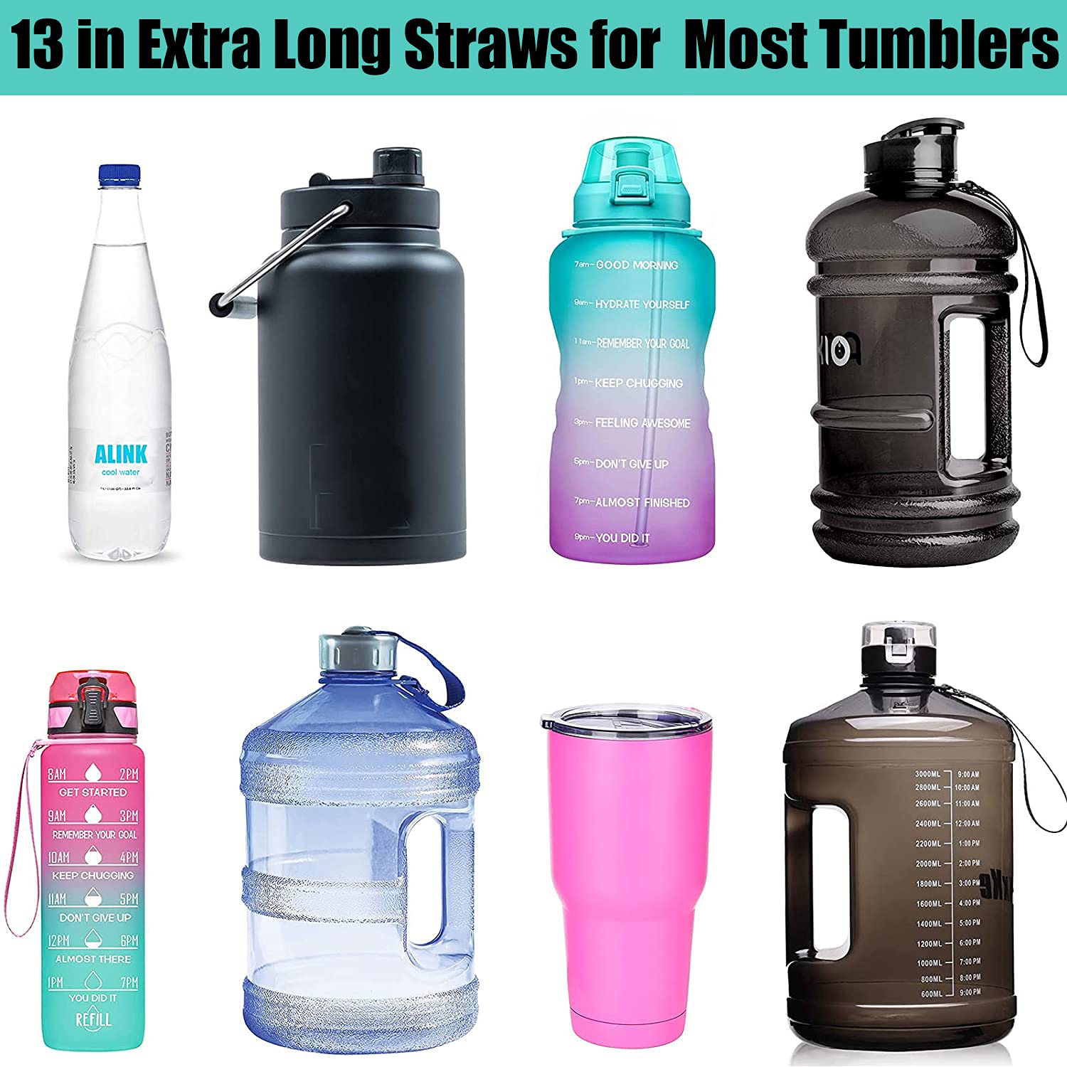 ALINK 13 inch Extra Long Reusable Plastic Black Straws, 12-Pack Tumbler Straws for Stanley Cups, 1 Gallon, 64 oz 40 oz 32 oz Water Bottles, Pack of 12 with Cleaning Brush