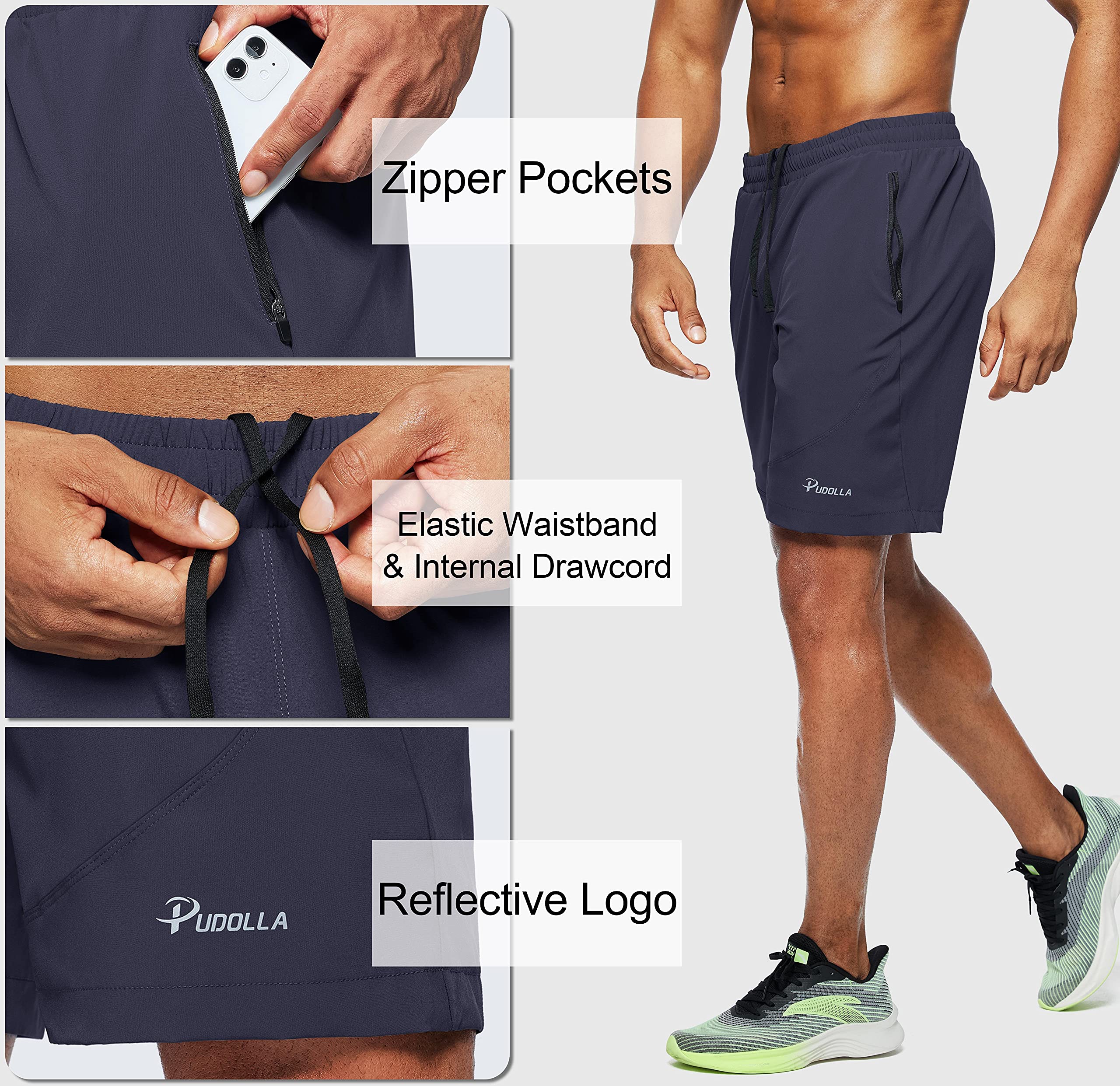 Pudolla Men's Workout Running Shorts Lightweight Gym Athletic Shorts for Men with Zipper Pockets (Navy Blue Large)