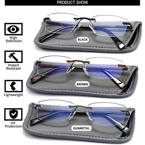 JJWELL 3 Pack Reading Glasses for Men Blue Light Blocking, Lightweight Rimless Metal Mens Eyeglasses Readers, Anti Eyestrain/Dryness/Computer Glare/UV 400, Spring Hinge Eyeglasses(175 Strength)