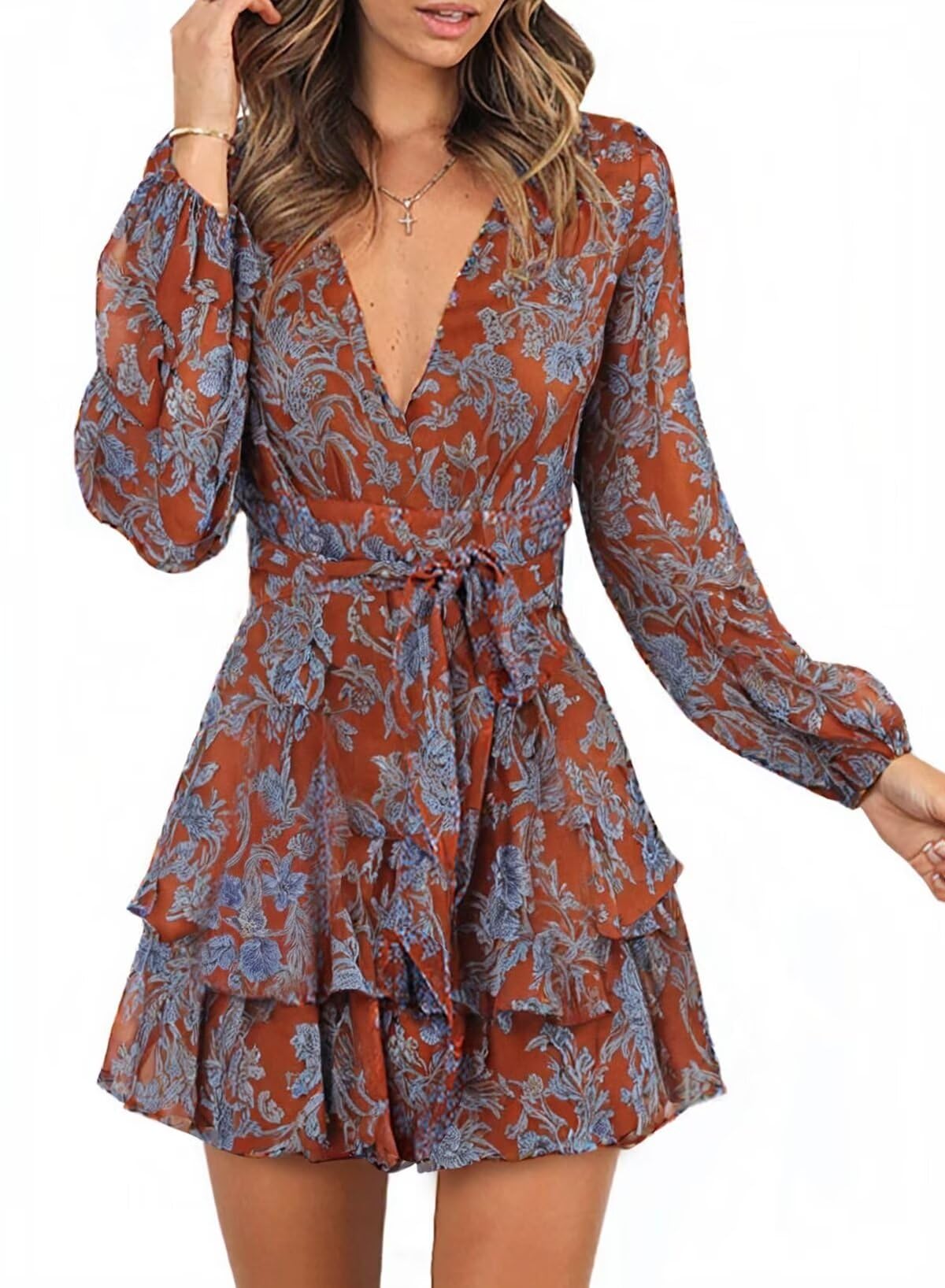 Dokotoo Womens Ladies Casual Summer Birthday Spring Ruffle Elegant Floral Long Sleeve Tie Knot V Neck Cute Chiffon Boho Beach Tunic Swing A Line Mini Short Skater Dresses for Women 2024 Red Large