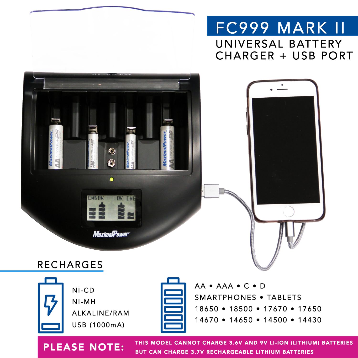 MaximalPower Universal Ultra Smart Charger FC997 for Alkaline NiMh NiCd Li-ion AA AAA C D Battery Cells Charger (Battery Charger & Organizer Case & Tester)