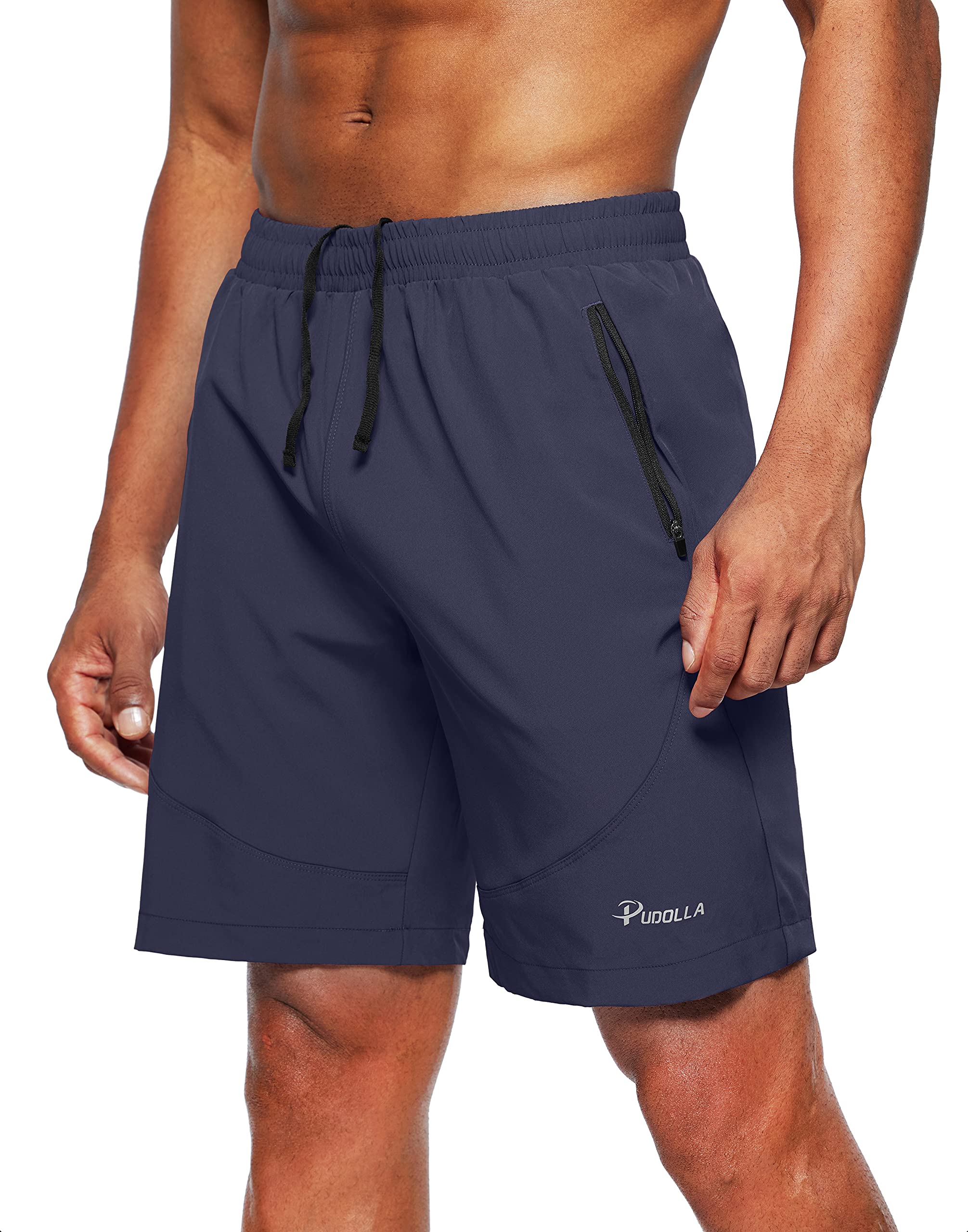 Pudolla Men's Workout Running Shorts Lightweight Gym Athletic Shorts for Men with Zipper Pockets (Navy Blue Large)
