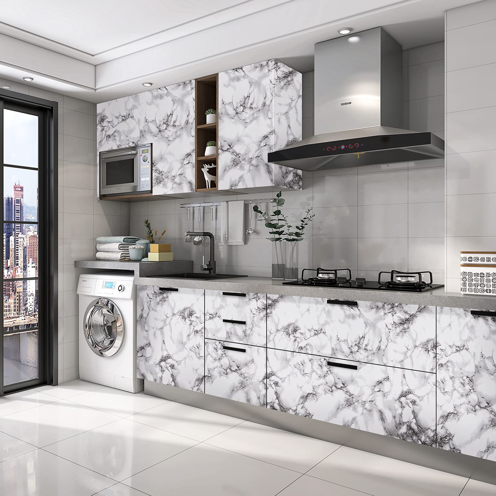 Caltero Marble Contact Paper 15.7" x 118" Black White Grey Wallpaper Peel and Stick Glossy Marble Self Adhesive Contact Paper for Countertop Kitchen Cabinets Bathroom