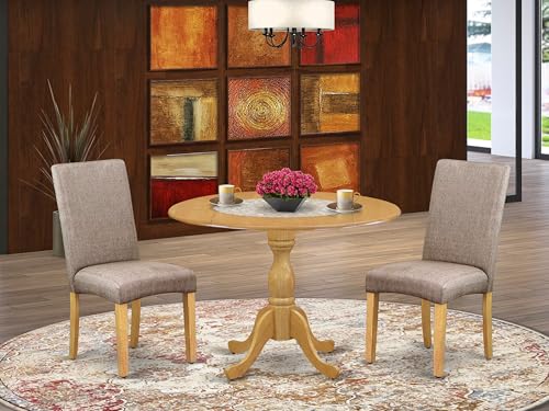 East West Furniture DMDR3-OAK-16 3 Piece Dining Room Table Set Contains a Round Kitchen Table with Dropleaf and 2 Dark Khaki Linen Fabric Parson Dining Chairs, 42x42 Inch, Oak
