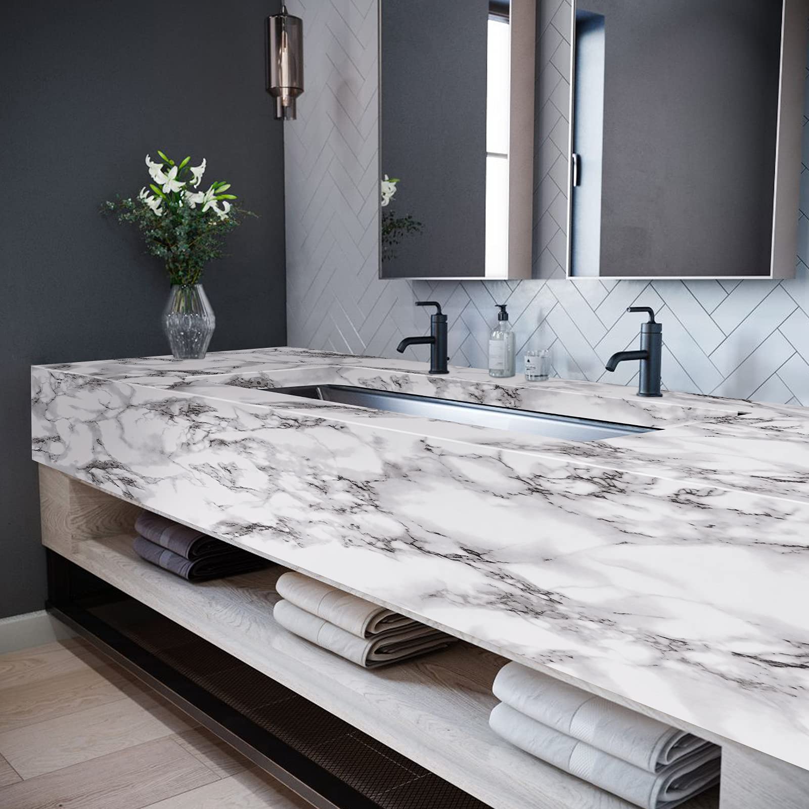 Caltero Marble Contact Paper 15.7" x 118" Black White Grey Wallpaper Peel and Stick Glossy Marble Self Adhesive Contact Paper for Countertop Kitchen Cabinets Bathroom
