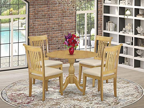 East West Furniture DMPO5-OAK-C 5 Piece Kitchen Table & Chairs Set Includes a Round Dining Table with Dropleaf and 4 Linen Fabric Dining Room Chairs, 42x42 Inch, Oak