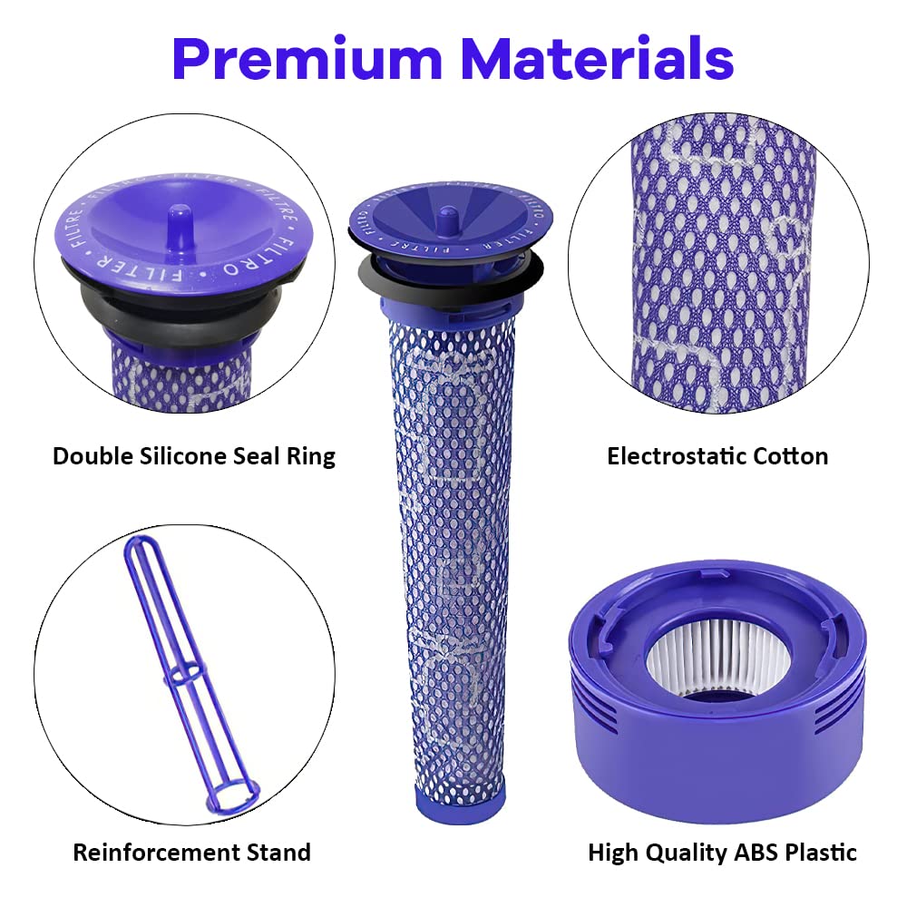 4 Pack Vacuum Filter Replacement Kit with Clean Brush for Dyson V8 Absolute, V8 Animal, V7 Absolute, V7 Motorhead, V7 Animal - 2 HEPA Post Filter, 2 Pre Filter, Replaces Part # 965661-01 & 967478-01