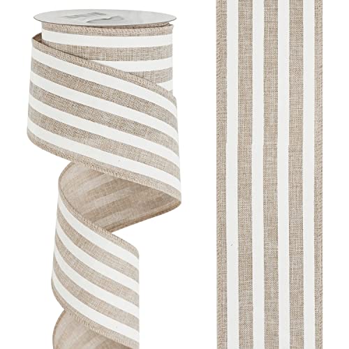 HUIHUANG Striped Burlap Ribbon Wired Grey White Stripe Rustic Wired Edge Ribbon 2.5 Inch X 10 Yards Grey Stripe Ribbon for Wreaths Crafts Gift Wrapping Decoration Basket Bows Holiday Home Decoration