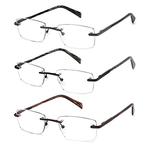 JJWELL 3 Pack Reading Glasses for Men Blue Light Blocking, Lightweight Rimless Metal Mens Eyeglasses Readers, Anti Eyestrain/Dryness/Computer Glare/UV 400, Spring Hinge Eyeglasses(175 Strength)