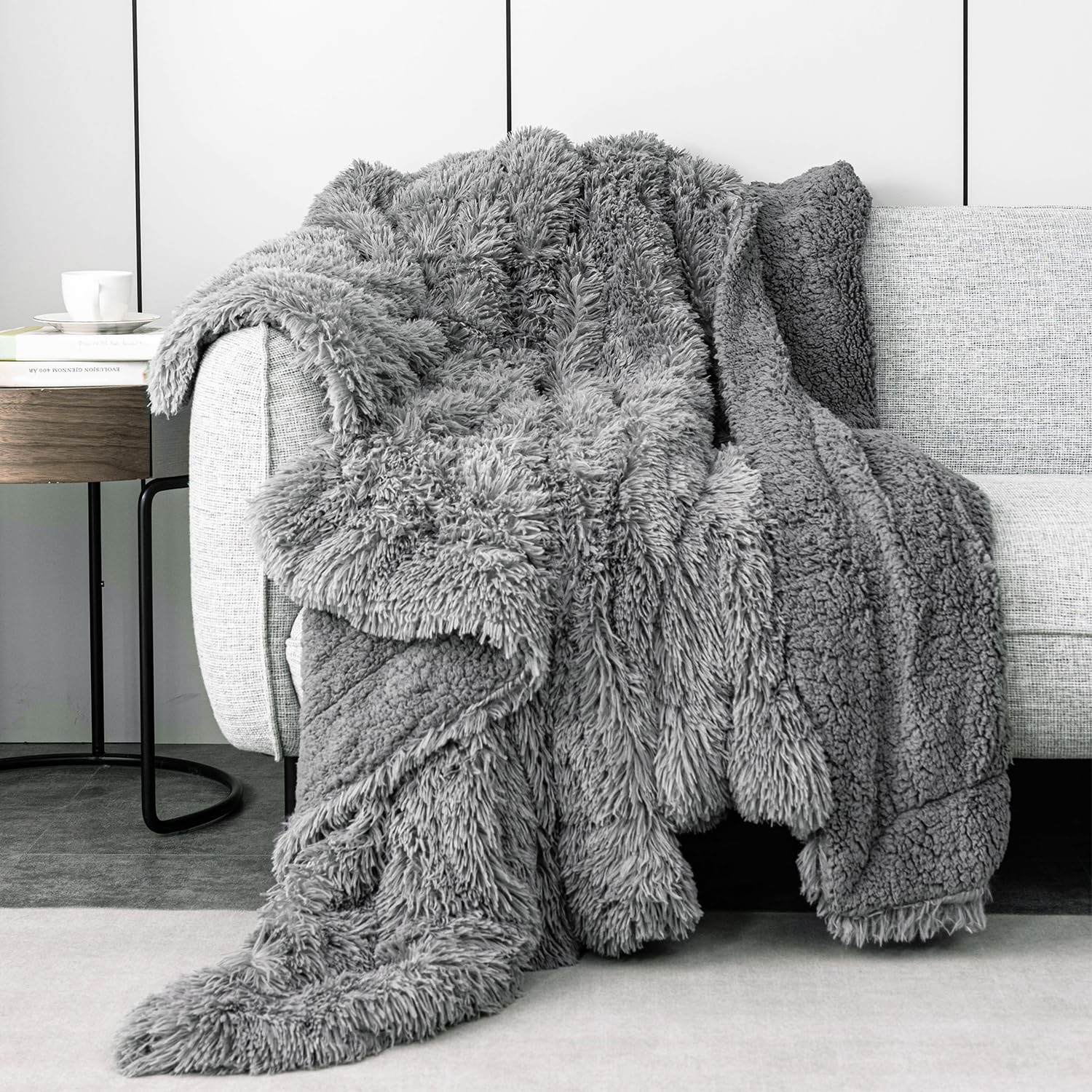 Pawque Faux Fur Blankets Twin Size 50x60 inches, Super Soft Fuzzy Fluffy Blanket, Warm Thick Sherpa Long Hair Shag Reversible Lightweight Cozy Throw for Bedroom Sofa Couch, Grey