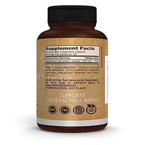 Pomona Wellness Magnesium Supplement, Extra Strength 500mg, Supports Healthy Bones, Sleep And Calm, Muscles & Teeth, Boosts Energy & Relaxation, Non-GMO, Vegan, 60 Capsules