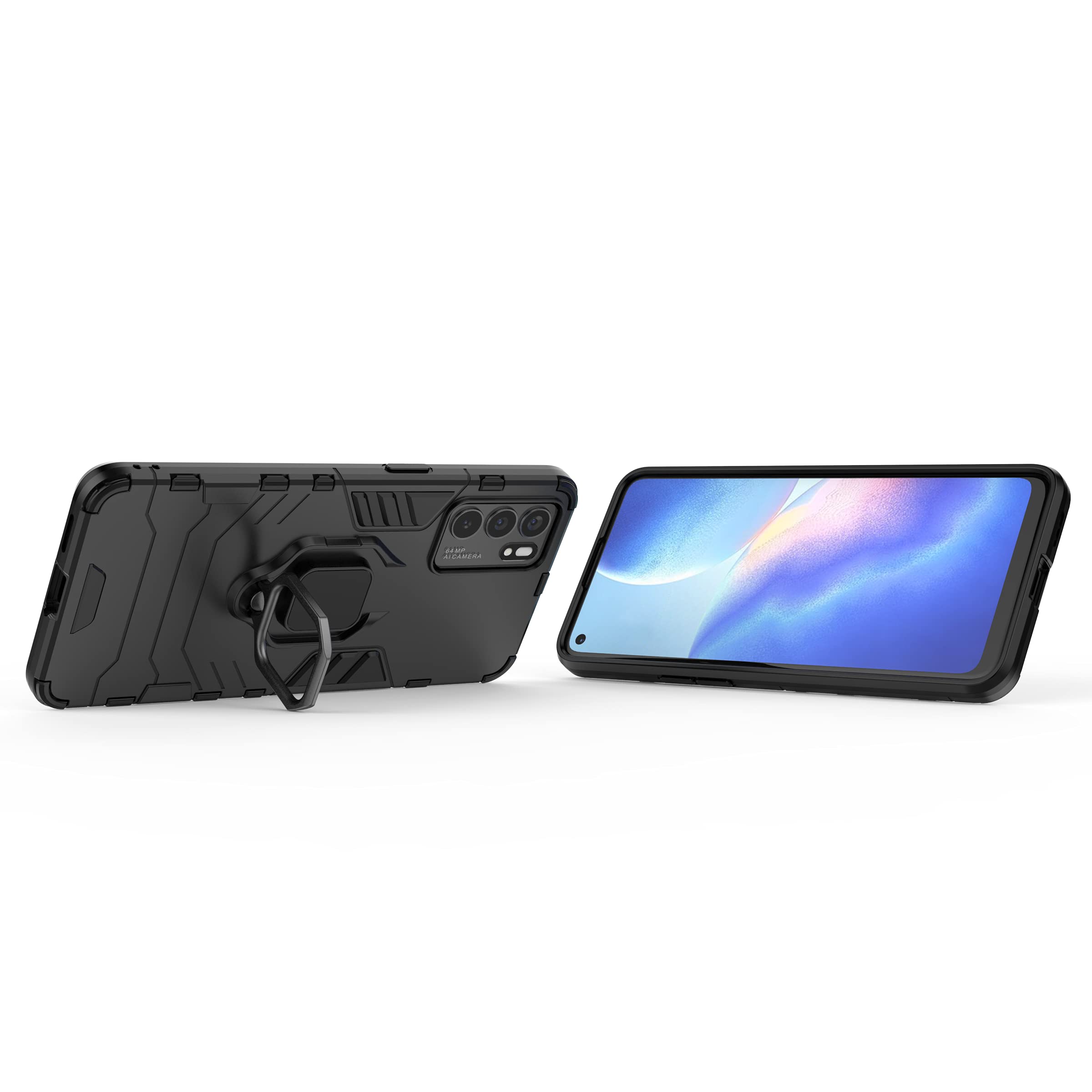 ZMONE Phone Case for Oppo Reno 6 5G Case with Glass Screen Protector [2 Pack] Heavy Duty Dual Layer Military Grade Shockproof Protective Cover with Magnetic Ring Kickstand - Black