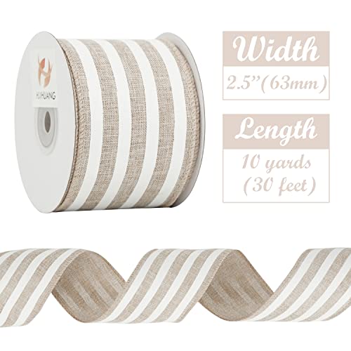HUIHUANG Striped Burlap Ribbon Wired Grey White Stripe Rustic Wired Edge Ribbon 2.5 Inch X 10 Yards Grey Stripe Ribbon for Wreaths Crafts Gift Wrapping Decoration Basket Bows Holiday Home Decoration