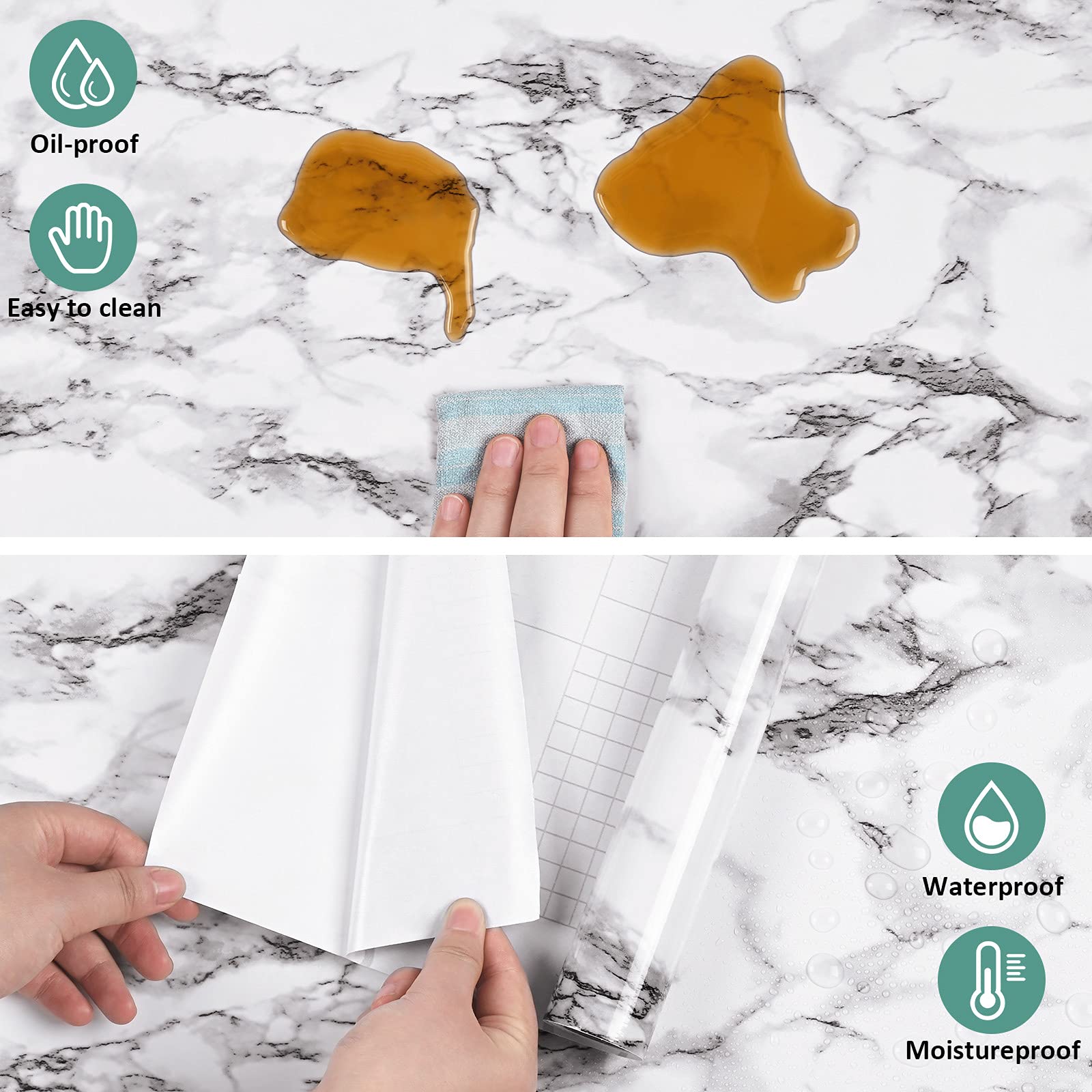 Caltero Marble Contact Paper 15.7" x 118" Black White Grey Wallpaper Peel and Stick Glossy Marble Self Adhesive Contact Paper for Countertop Kitchen Cabinets Bathroom