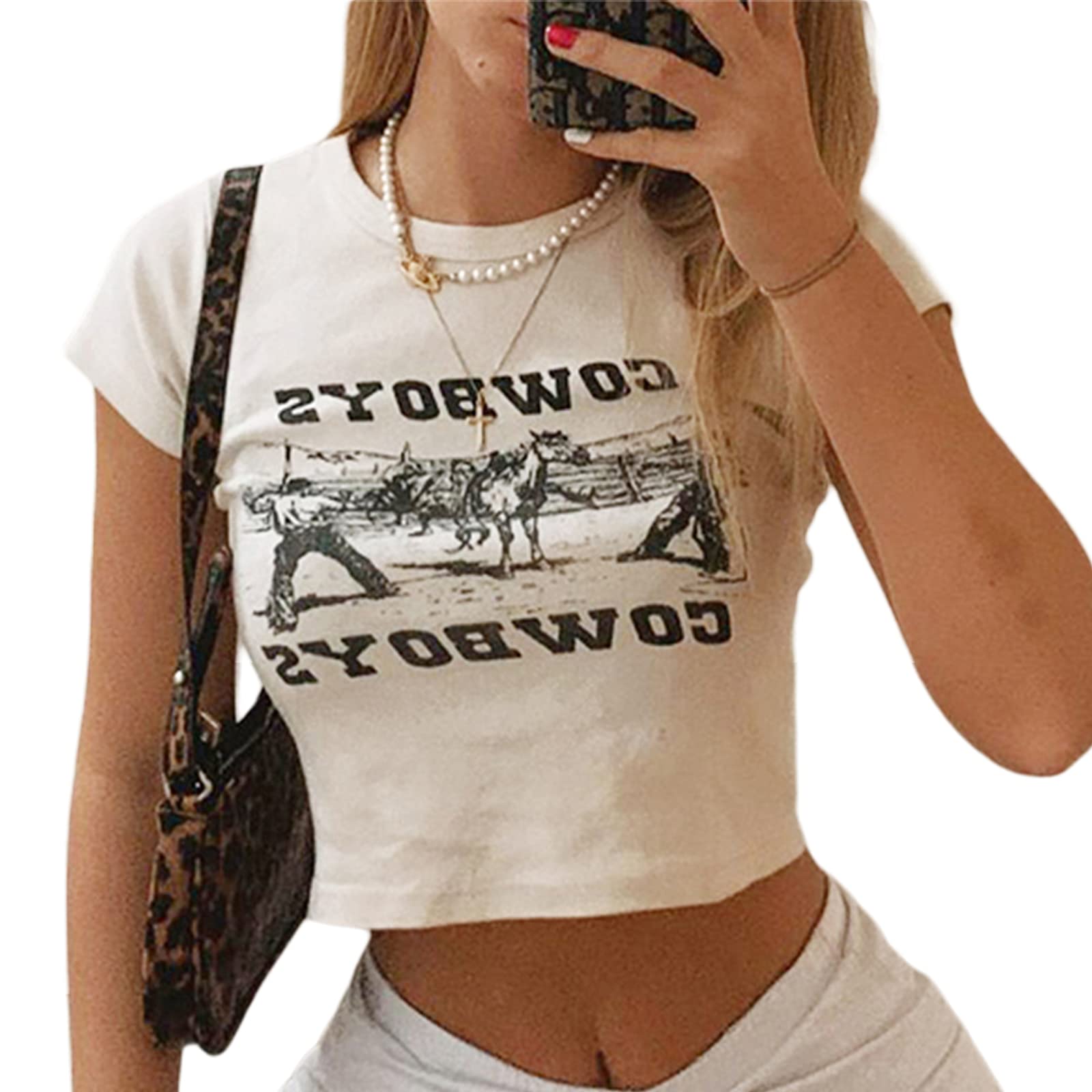 Womens Y2k Graphic Print Crop Tops Cute Kawaii Crew Neck Short Sleeve T-Shirts E-Girls Teen Summer Clothes Streetwear White