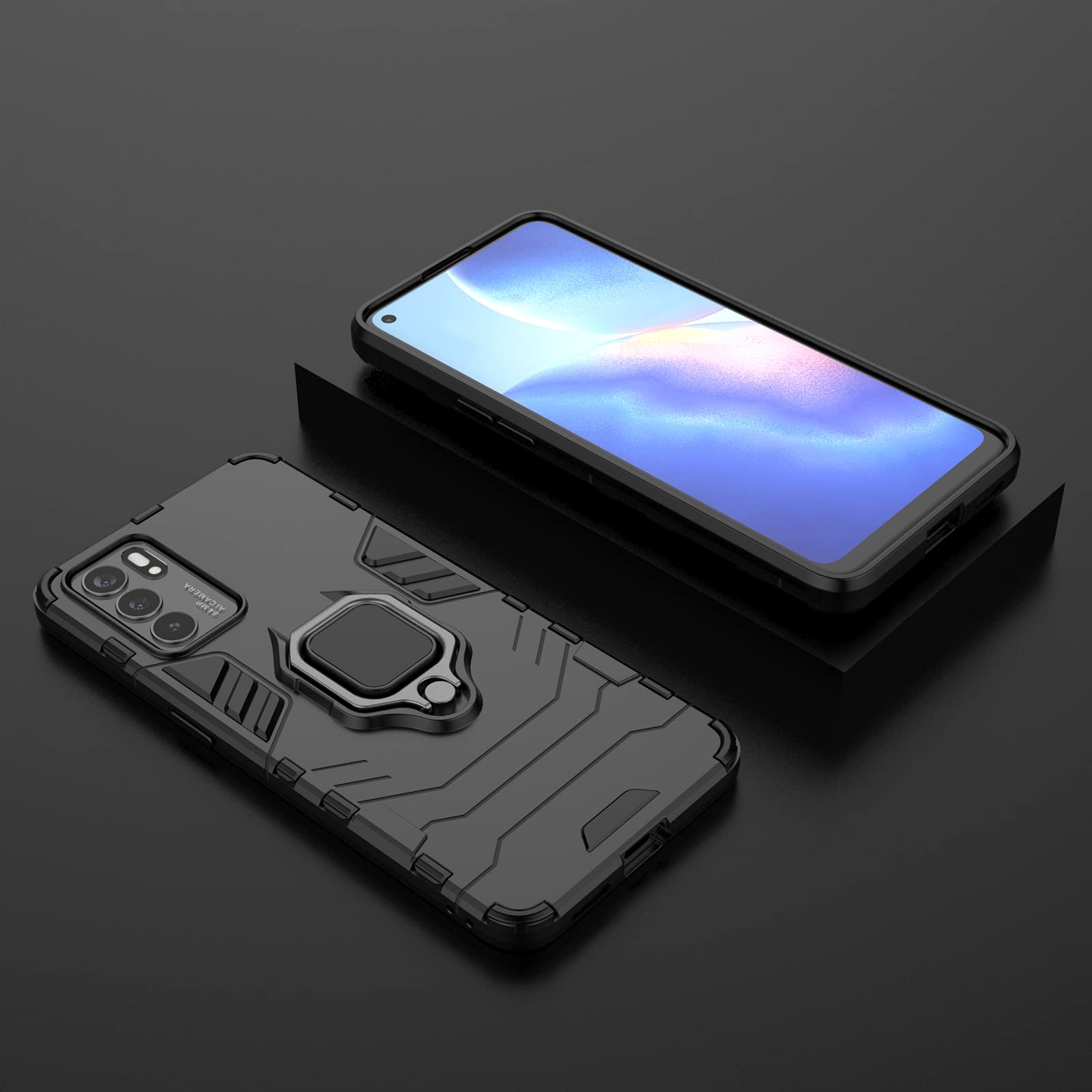 ZMONE Phone Case for Oppo Reno 6 5G Case with Glass Screen Protector [2 Pack] Heavy Duty Dual Layer Military Grade Shockproof Protective Cover with Magnetic Ring Kickstand - Black