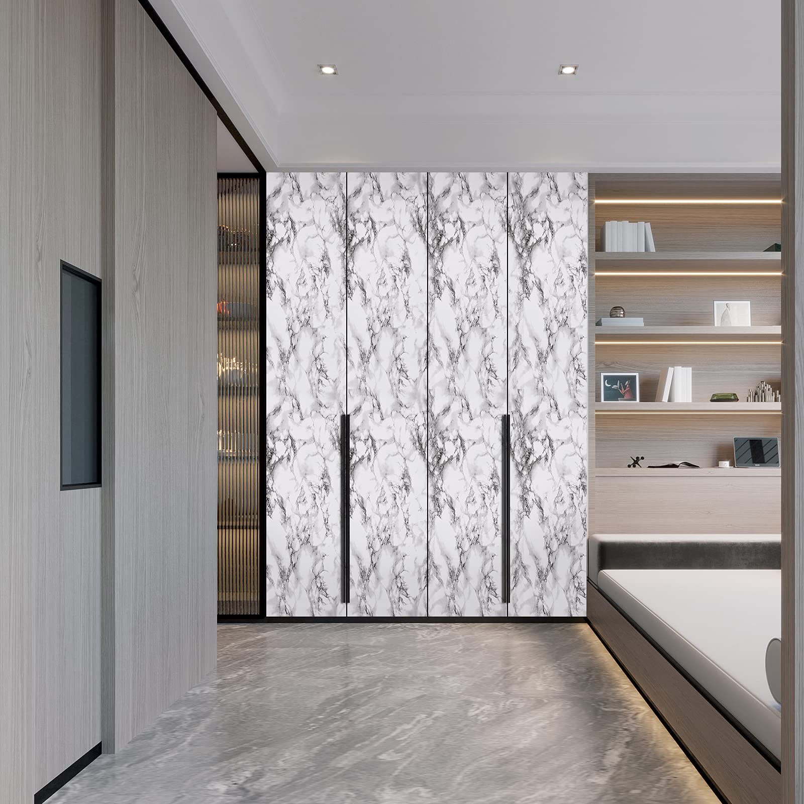 Caltero Marble Contact Paper 15.7" x 118" Black White Grey Wallpaper Peel and Stick Glossy Marble Self Adhesive Contact Paper for Countertop Kitchen Cabinets Bathroom