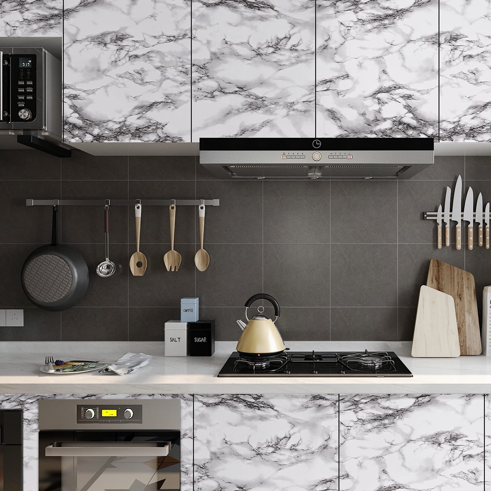 Caltero Marble Contact Paper 15.7" x 118" Black White Grey Wallpaper Peel and Stick Glossy Marble Self Adhesive Contact Paper for Countertop Kitchen Cabinets Bathroom