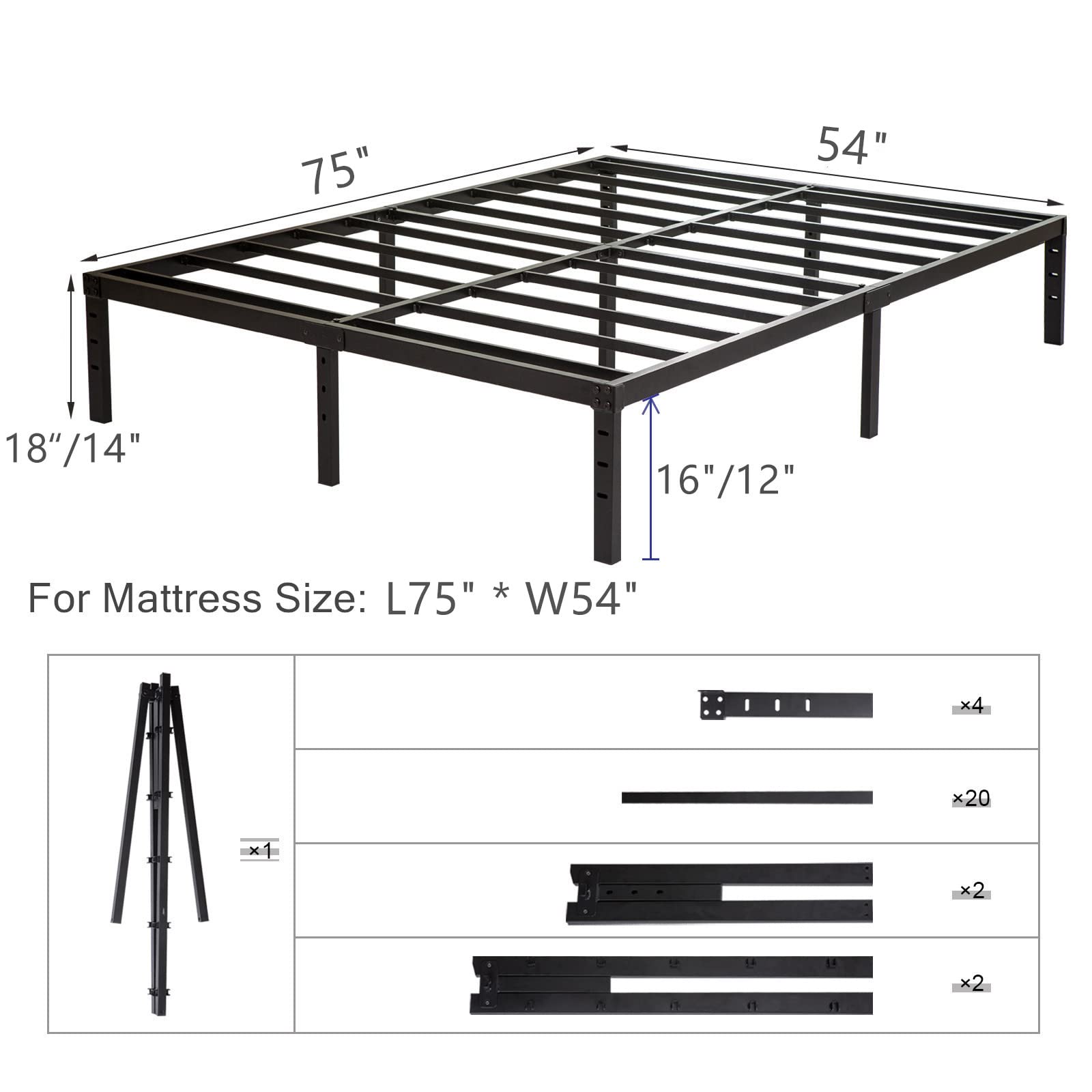 Wulanos Full Size Bed Frame, Heavy Duty Metal Frames with Steel Slats Support, No Box Spring Needed, 14 Inch High Metal Platform Bed Frames with Storage, Non-Slip and Noise-Free