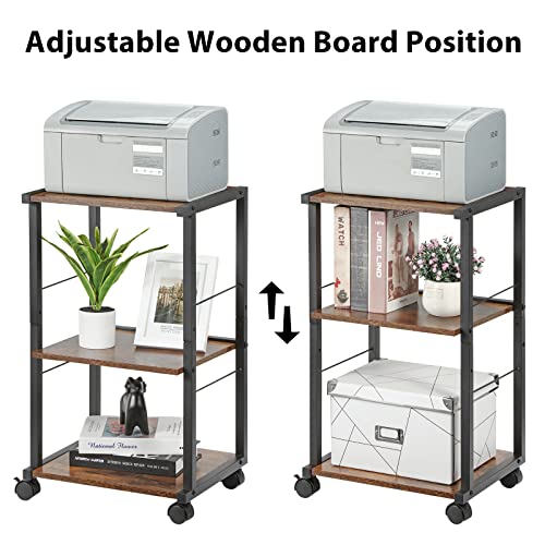 MOOACE Printer Stand, 3 Tier Under Desk Home Printer Cart on Wheels, Industrial Height Adjustable Wood Rolling Printer Table for Fax Machine, Scanner,Rustic Brown and Black