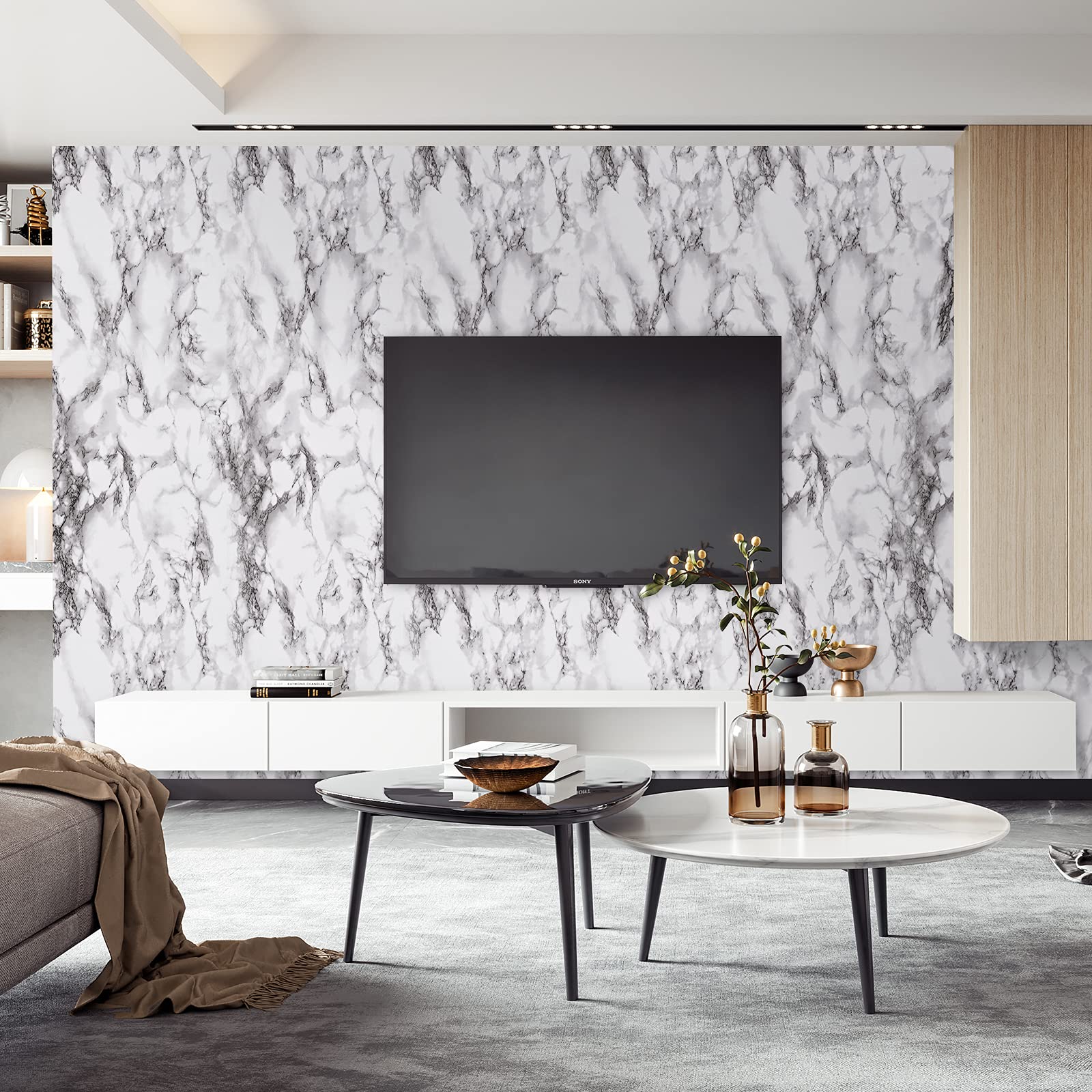 Caltero Marble Contact Paper 15.7" x 118" Black White Grey Wallpaper Peel and Stick Glossy Marble Self Adhesive Contact Paper for Countertop Kitchen Cabinets Bathroom