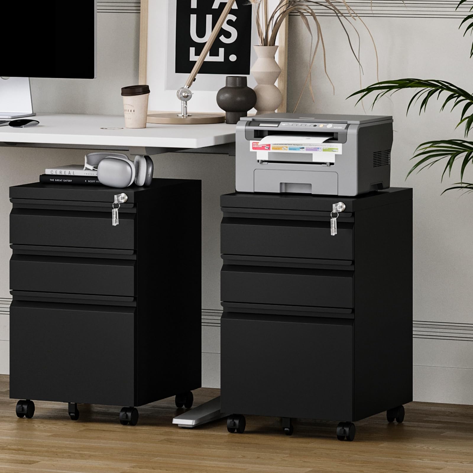 MIIIKO 3 Drawer File Cabinet, Metal Filing Cabinet with Lock Rolling Wheels, Office Storage Under Desk,Deep Drawers for Hanging Legal Letter Fill, Full Assembled Except Casters