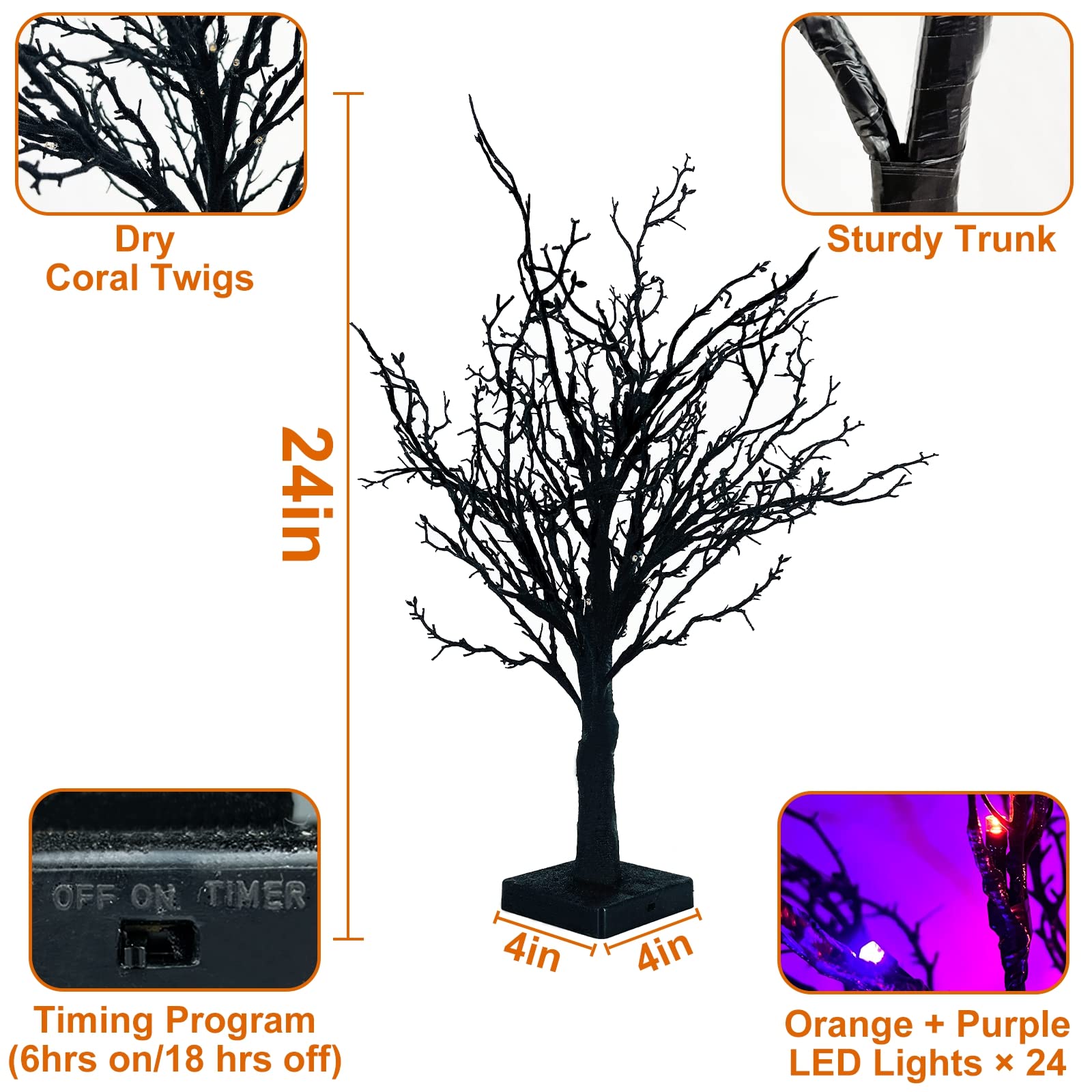 [ Timer ] 24 Inch Orange & Purple Lighted Halloween Tree with 24 LED Black Twigs Tree Lights Battery Operated Tabletop Halloween Spooky Tree Decorations for Indoor Home Party Holiday Festival Decor