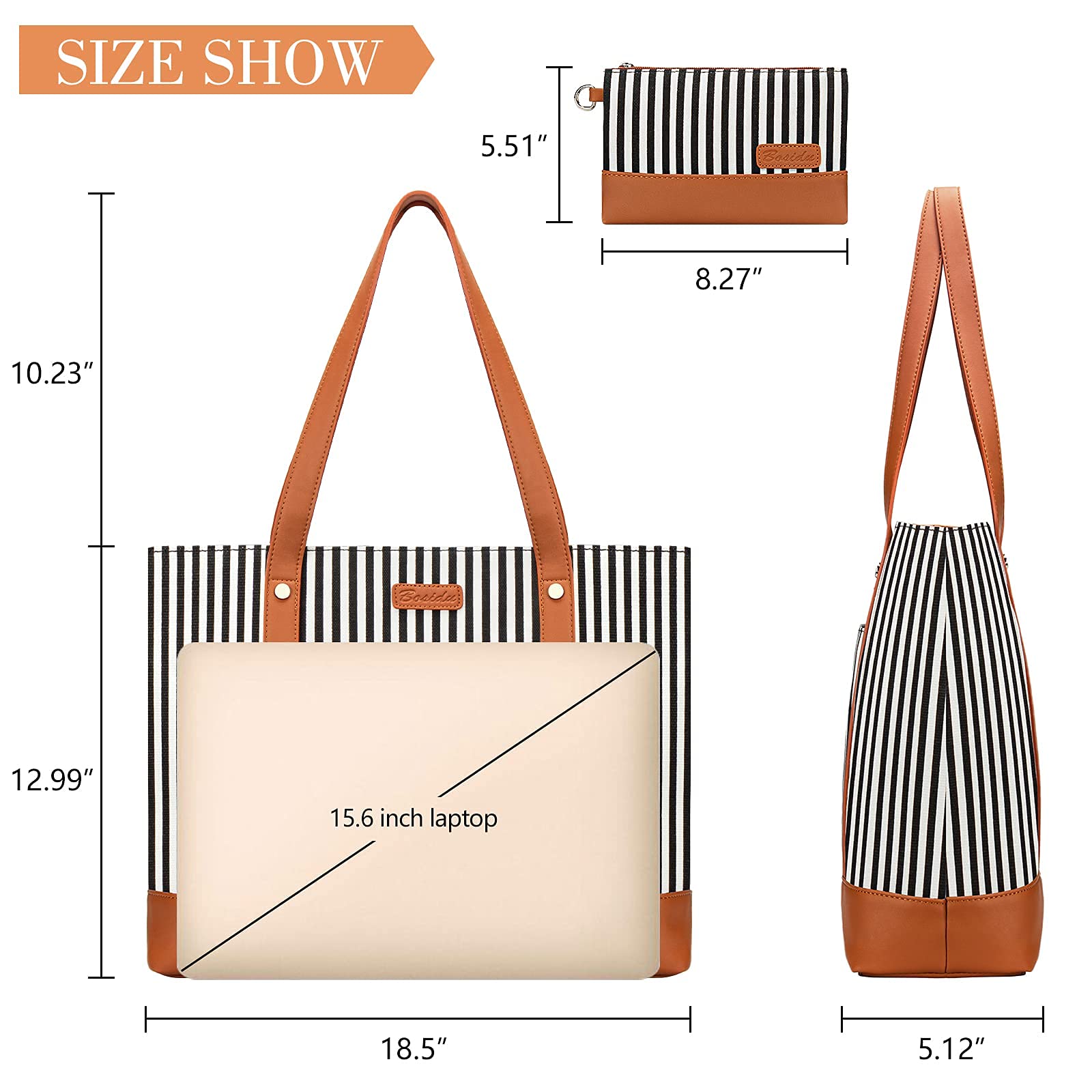 Laptop Tote Bag for Women, Water Resistant Canvas Womens Work Tote Bag, Large Capacity Shoulder Bag Fits 15.6 inches Laptop (Black and Brown)