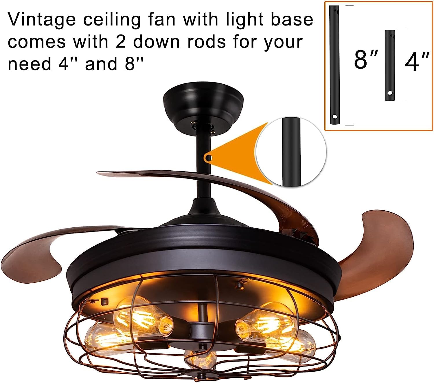 Ohniyou Retractable Blades Ceiling Fan with Lights and Remote, Rustic Industrial Ceiling Fan Ideal for Farmhouse, Patio, Kitchen, Bedroom, Living Room (42 Inches, Black)
