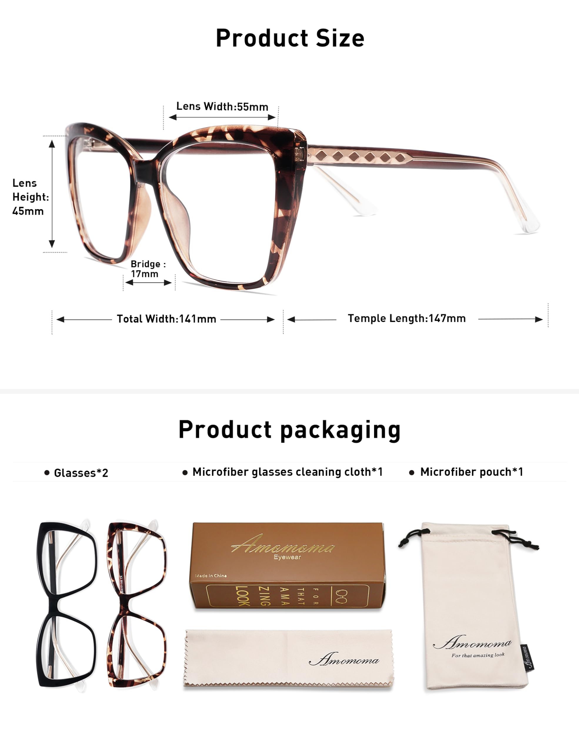 AMOMOMA Trendy TR90 Oversized Blue Light Reading Glasses Women,Stylish Square Cat Eye Glasses AM6031 C1+C6 1.5 x