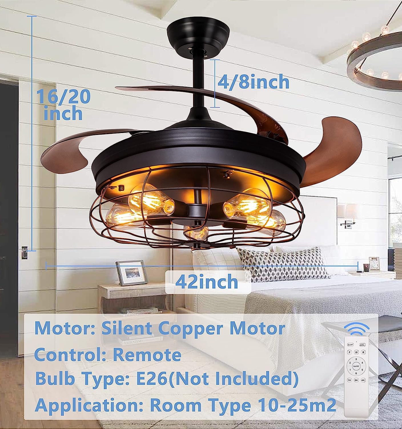 Ohniyou Retractable Blades Ceiling Fan with Lights and Remote, Rustic Industrial Ceiling Fan Ideal for Farmhouse, Patio, Kitchen, Bedroom, Living Room (42 Inches, Black)