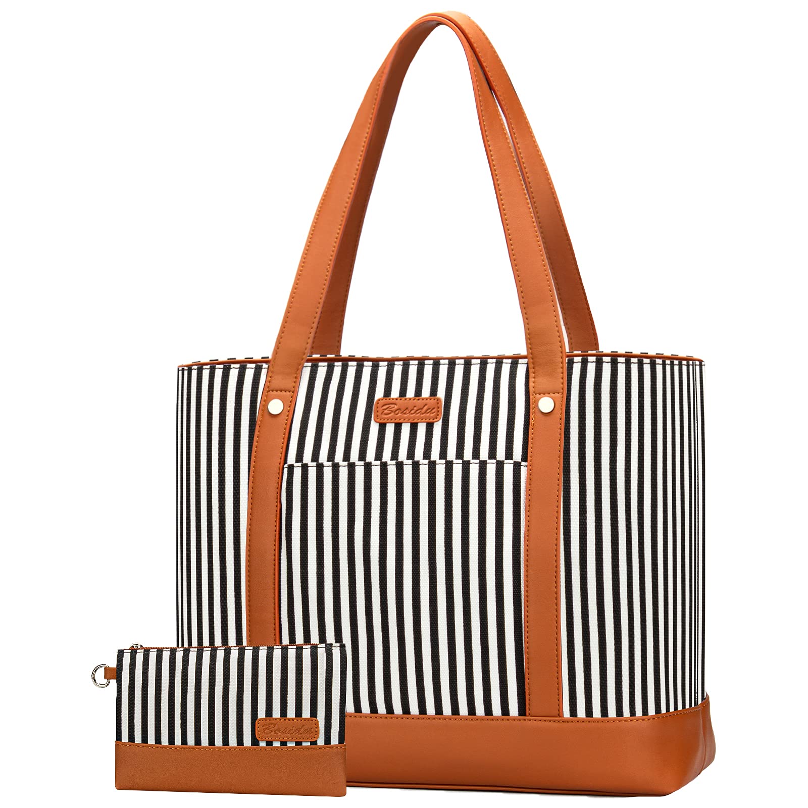 Laptop Tote Bag for Women, Water Resistant Canvas Womens Work Tote Bag, Large Capacity Shoulder Bag Fits 15.6 inches Laptop (Black and Brown)