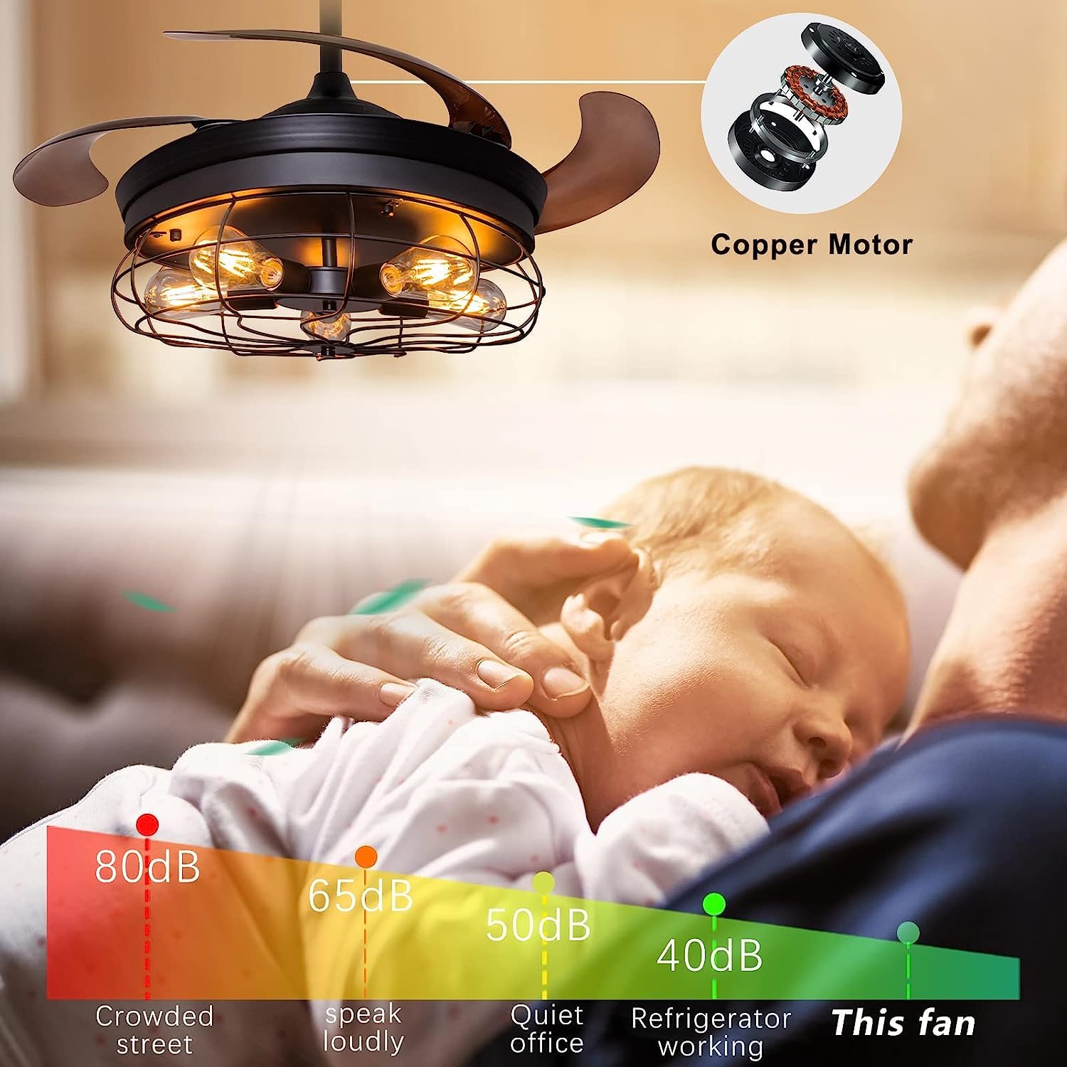 Ohniyou Retractable Blades Ceiling Fan with Lights and Remote, Rustic Industrial Ceiling Fan Ideal for Farmhouse, Patio, Kitchen, Bedroom, Living Room (42 Inches, Black)