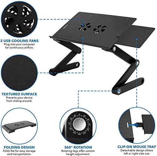 Mount-It! Adjustable Laptop Stand with Built-in Cooling Fans and Mouse Pad Tray, Easy to Use Ergonomic Laptop Stand for Bed, Couch, and Table, Portable and Lightweight