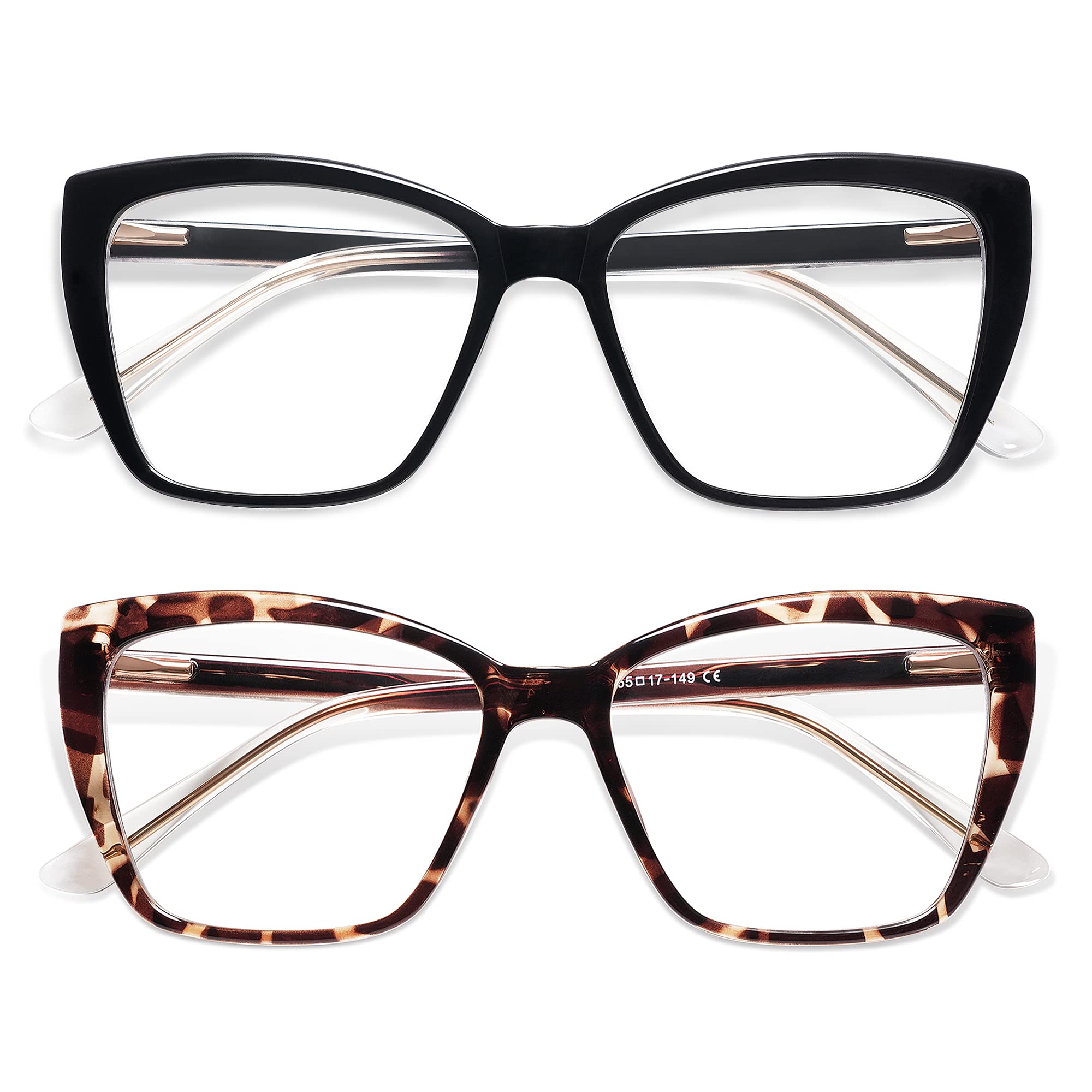 AMOMOMA Trendy TR90 Oversized Blue Light Reading Glasses Women,Stylish Square Cat Eye Glasses AM6031 C1+C6 1.5 x