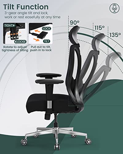 Raynesys Big and Tall Office Chair for Heavy People, 400LBS Capacity with Wide Seat,Heavy Duty Material, Adjustable Armrests, Ergonomic Executive Chair for Home Office with Strong Lumbar Support,Black