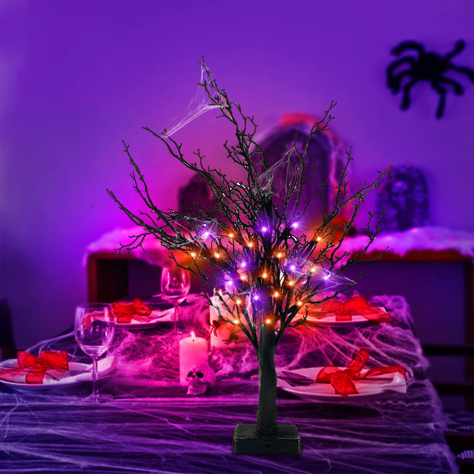 [ Timer ] 24 Inch Orange & Purple Lighted Halloween Tree with 24 LED Black Twigs Tree Lights Battery Operated Tabletop Halloween Spooky Tree Decorations for Indoor Home Party Holiday Festival Decor