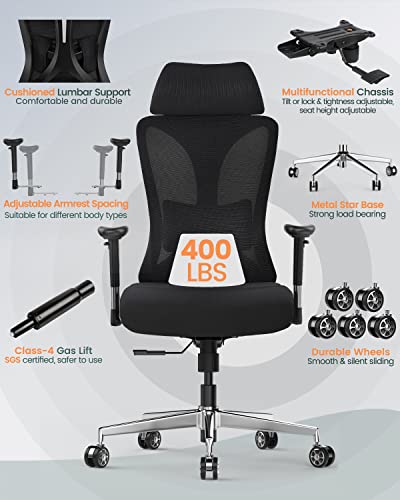 Raynesys Big and Tall Office Chair for Heavy People, 400LBS Capacity with Wide Seat,Heavy Duty Material, Adjustable Armrests, Ergonomic Executive Chair for Home Office with Strong Lumbar Support,Black