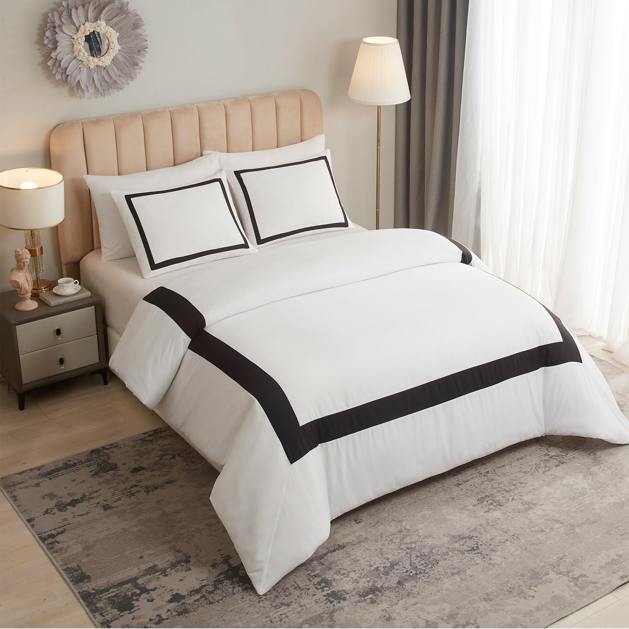 OSVINO Hotel Duvet Cover Set King Size 3Pcs Microfiber Black Line Pattern Bedding Collection Ultra Soft Breathable Duvet Cover with Pillowcases